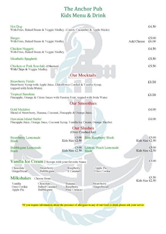 Menus - Anchor Tilsworth