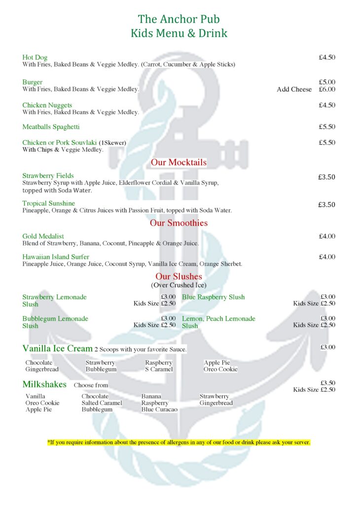 Menus - Anchor Tilsworth