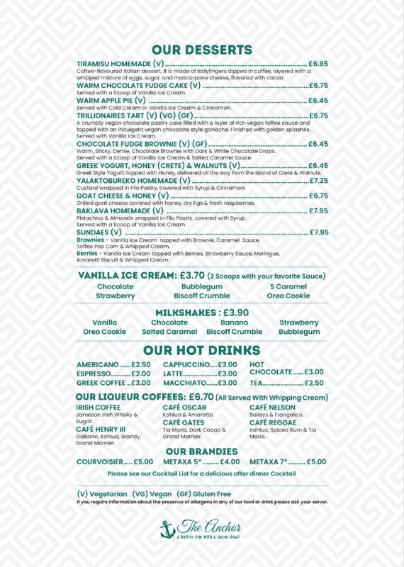 Menus - Anchor Tilsworth