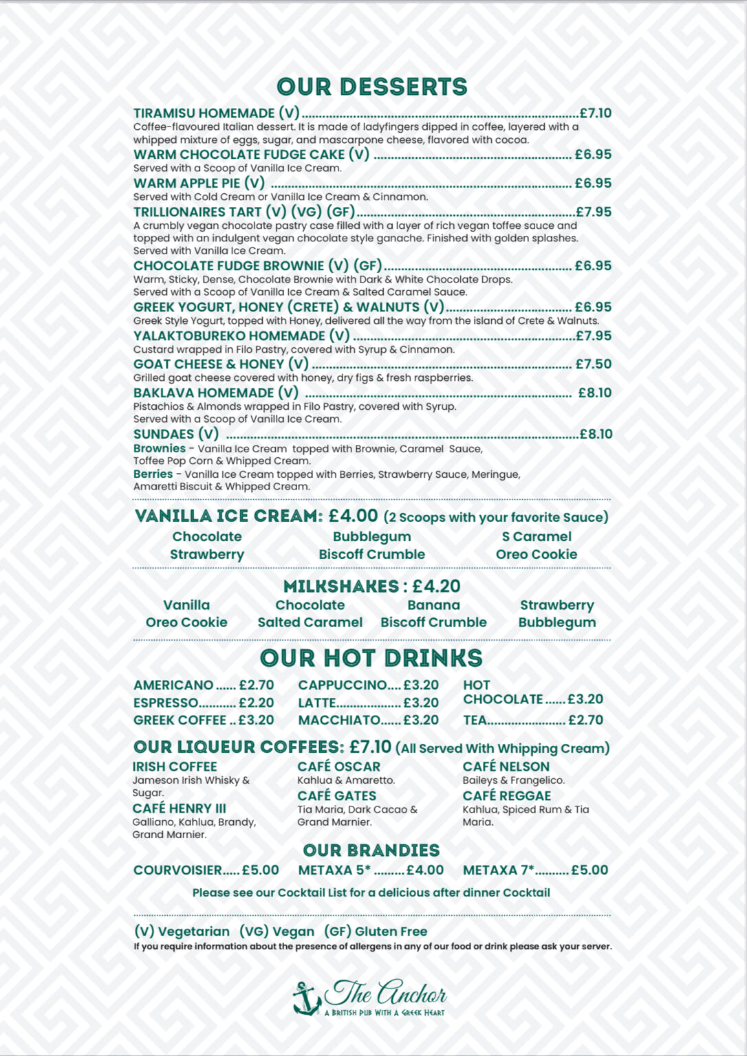 Menus - Anchor Tilsworth