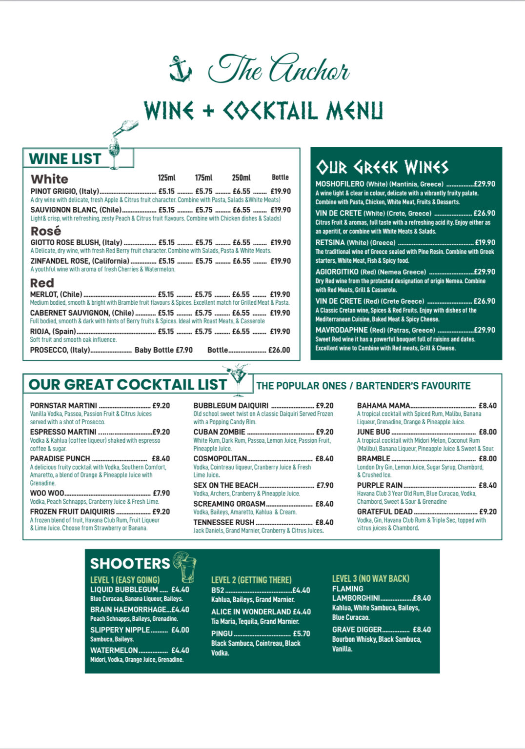 Menus - Anchor Tilsworth