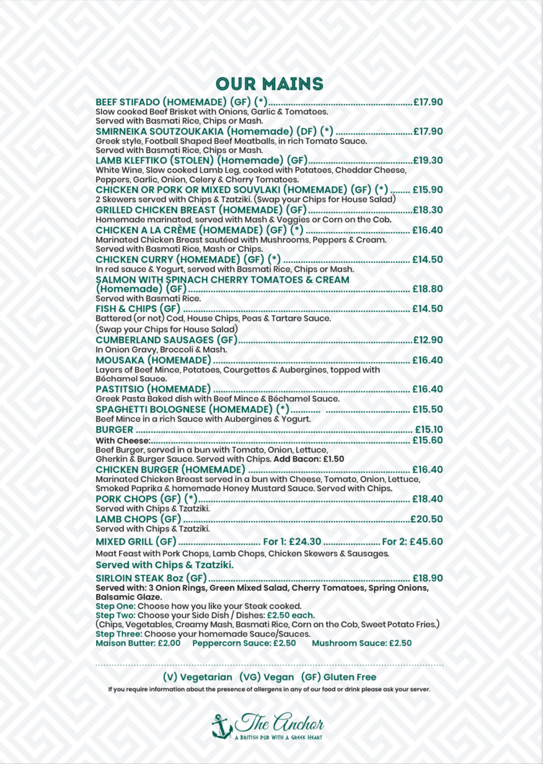 Menus - Anchor Tilsworth