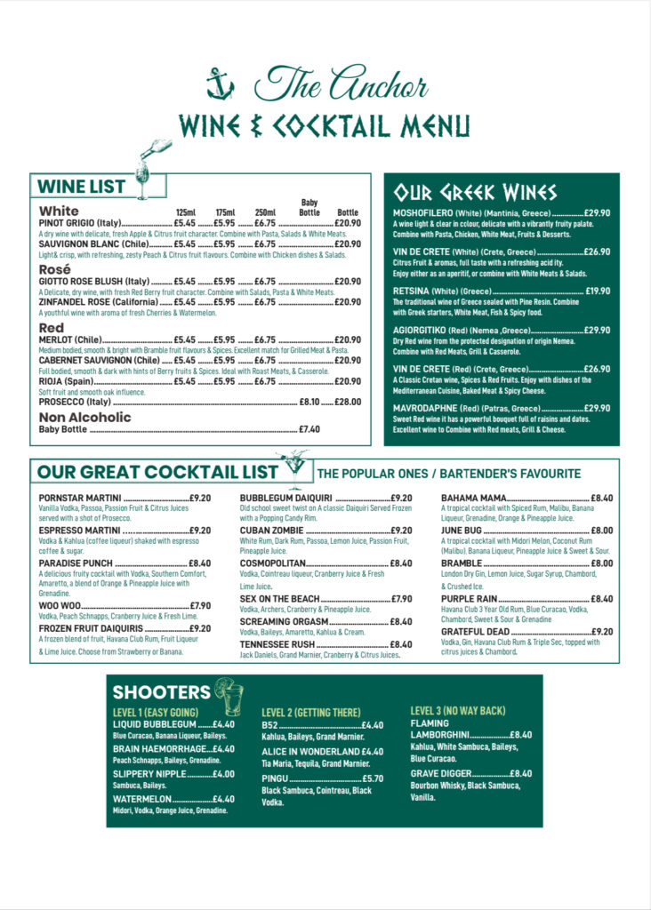 Menus - Anchor Tilsworth