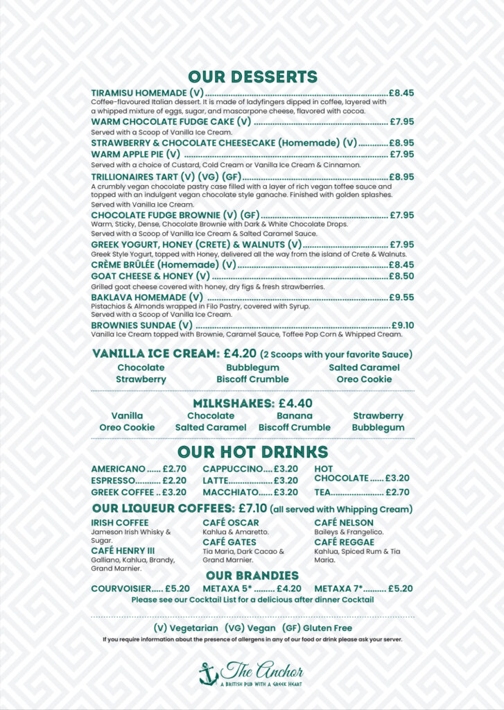 Menus - Anchor Tilsworth