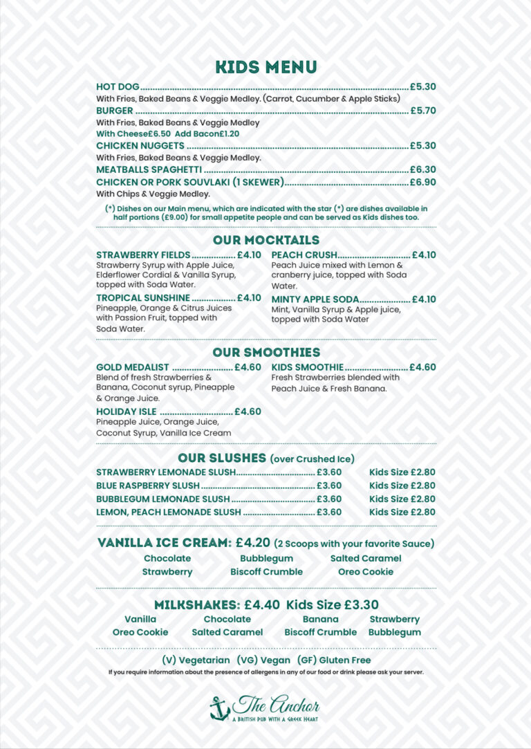 Menus - Anchor Tilsworth